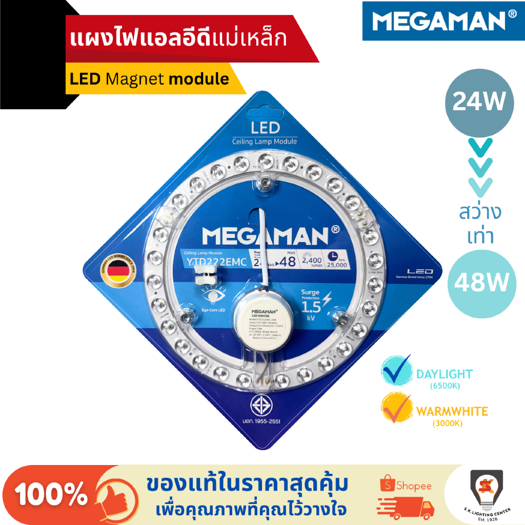 Megaman แผงไฟ LED แผงไฟแม่เหล็ก โคมซาลาเปา 24W แบบมีเลนส์ สำหรับโคมไฟ ...