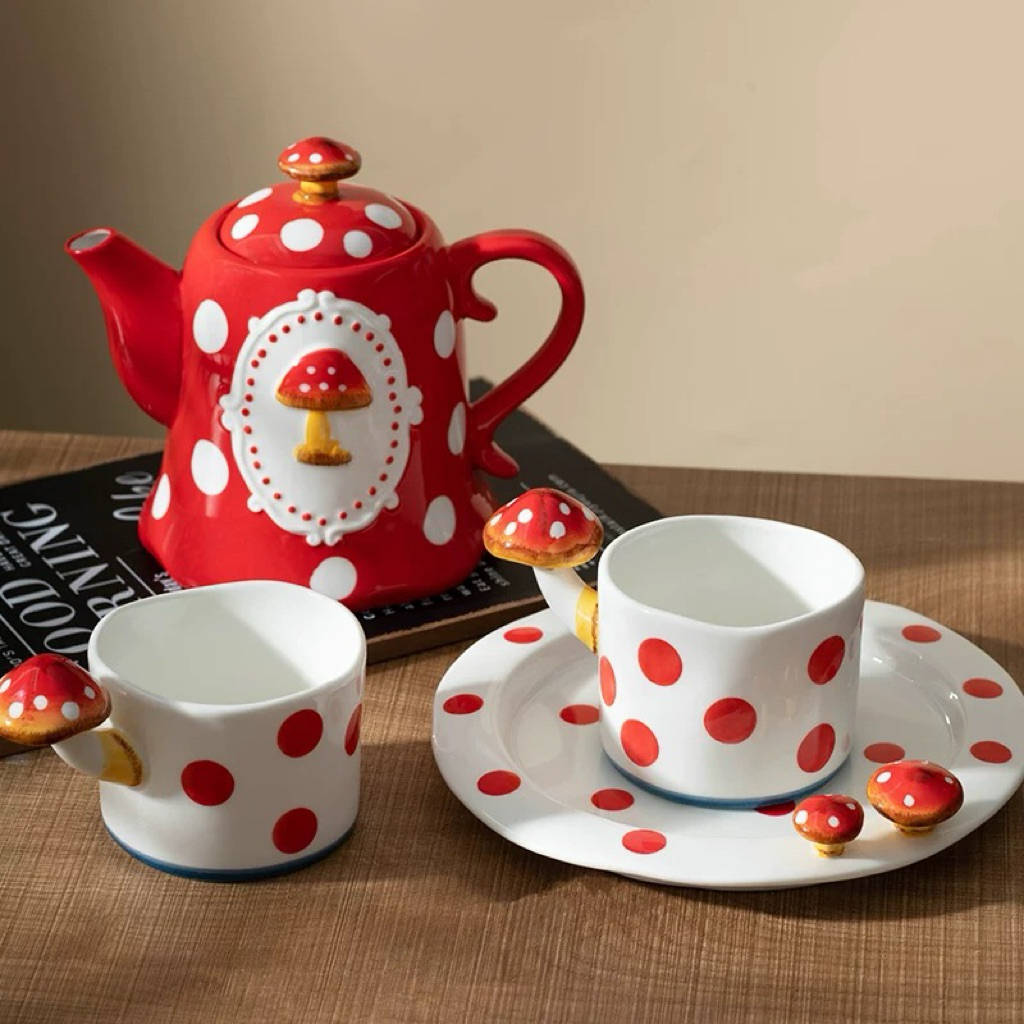 Mushroom Tea Set เซ็ตกาน้ำชา แก้วน้ำ จานชามลายจุด รูปเห็ด เซ็ตชงชา ชงม ...