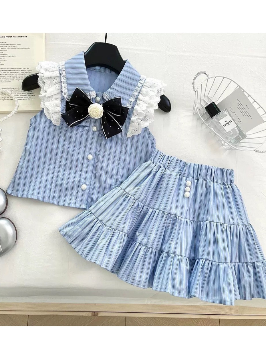 PANG KIDS ชุดเซตลูกสาว สีฟ้า มีโบว์ถอดออกได้ น่ารักก 0704 | Shopee Thailand