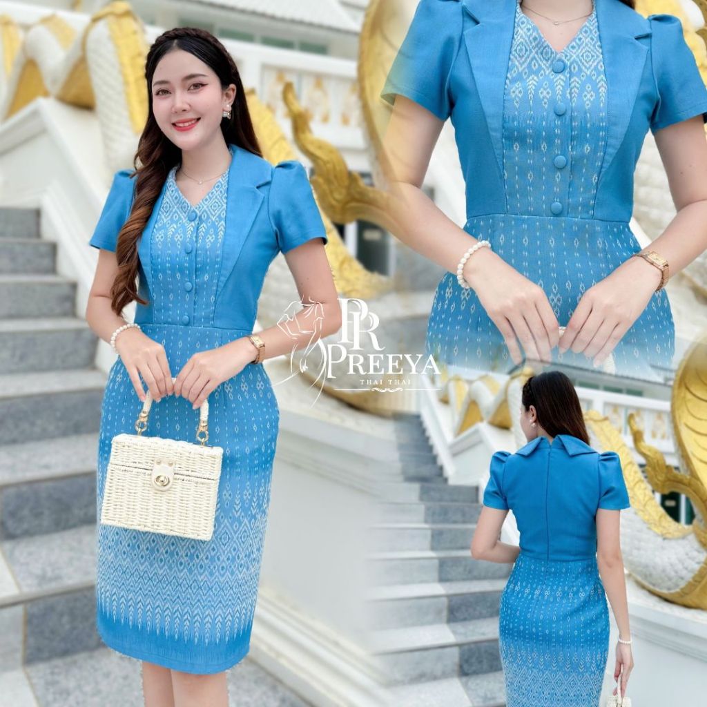 PR148 เดรสผ้าฝ้ายทอลาย ยกแขน อัดกาวทั้งชุด แบรนด์ preeya มีไซส์S-4XL | Shopee Thailand