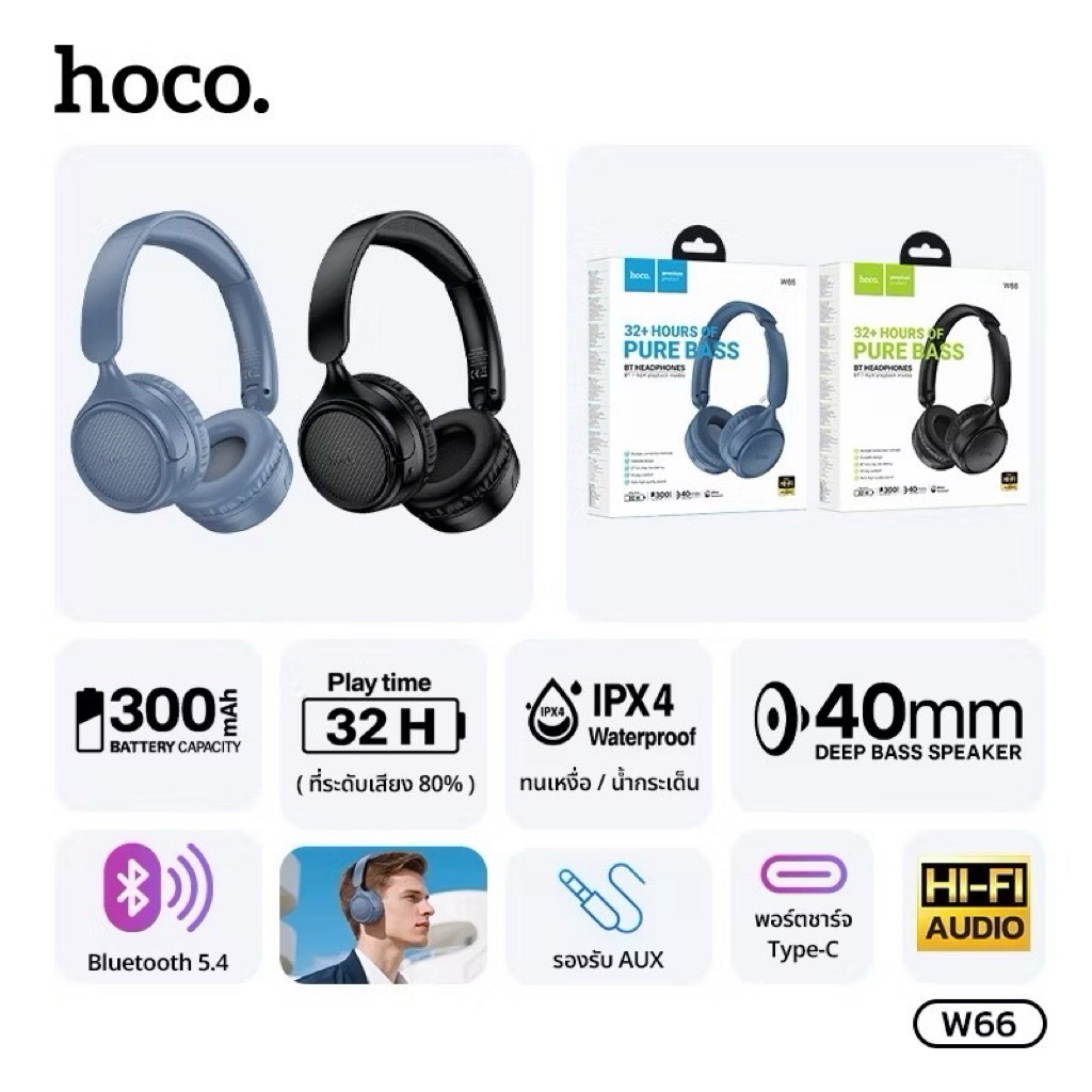 SYหูฟังบลูทูธครอบหู 5.4 ตัดเสียงรบกวน HOCO W66 ก้านยืด-หดได้ 300mAh ...