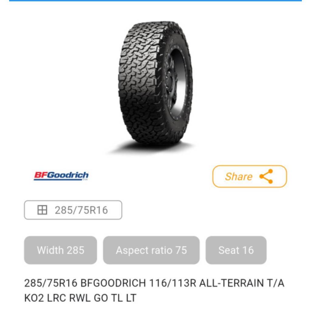 ยางรถยนต์ BFGOODRICH KO2 285/75/16 ยางใหม่ 1 เส้น | Shopee Thailand
