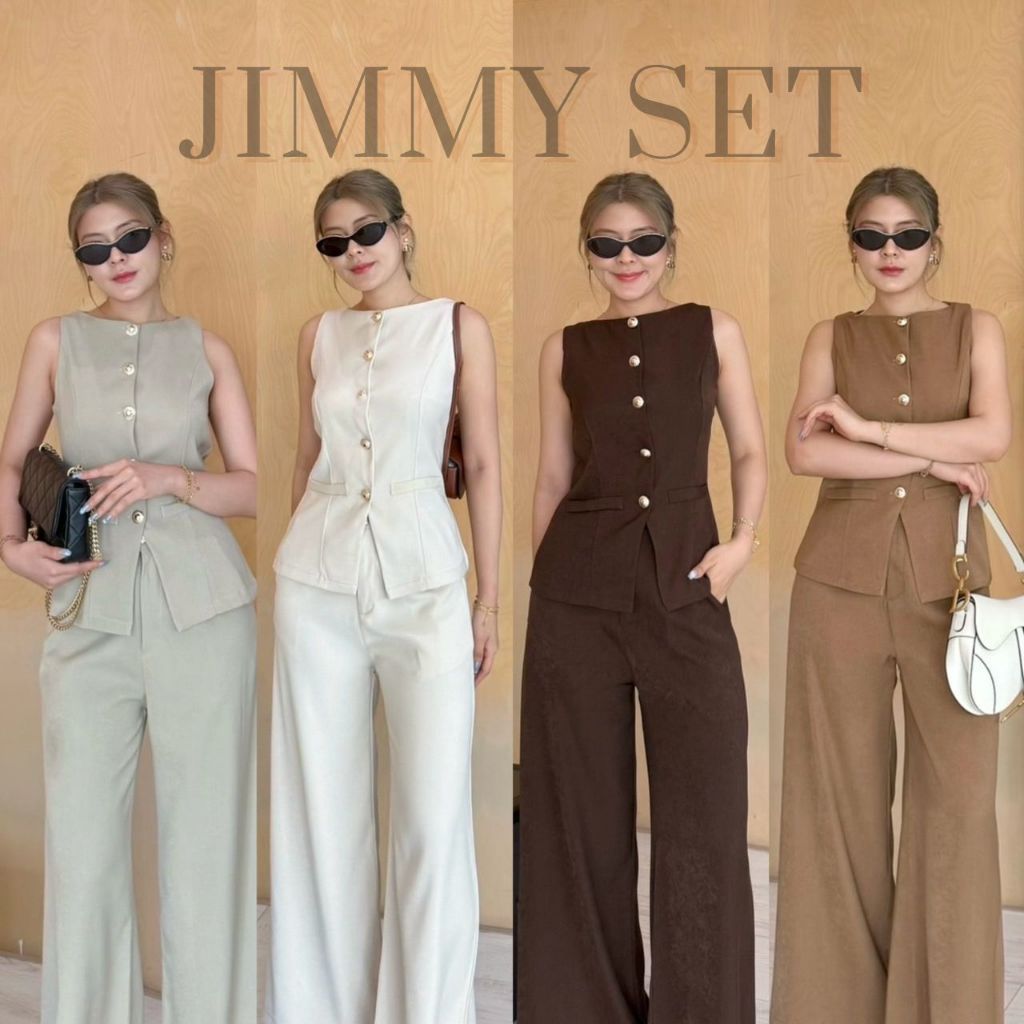 Jimmy Set- ชุดเซ็ทขายาว 2 ชิ้น เสื้อตัวยาวแขนกุดคอปาดแต่งกระดุมทอง ชุด ...