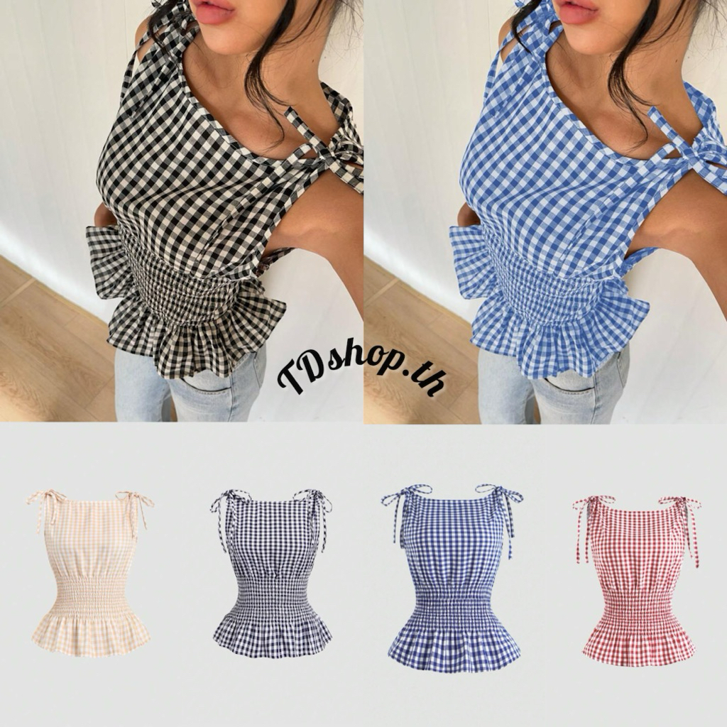 PRE-ORDER 7-10 วัน Sweetra เสื้อกล้าม แขนกุด ผูกไหล่ เอวสม๊อค ลายสก๊อต งานป้ายชีอิน 🔖 | Shopee ...