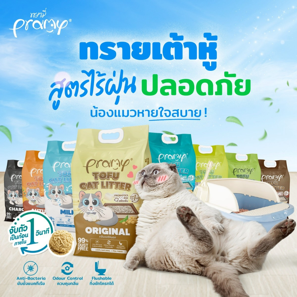 Pramy ทรายแมวเต้าหู้ สูตรไร้ฝุ่น จับตัวเป็นก้อนเร็ว จากใยถั่วเหลืองธรรมชาติ ขนาด 6L และ 20L มี ...