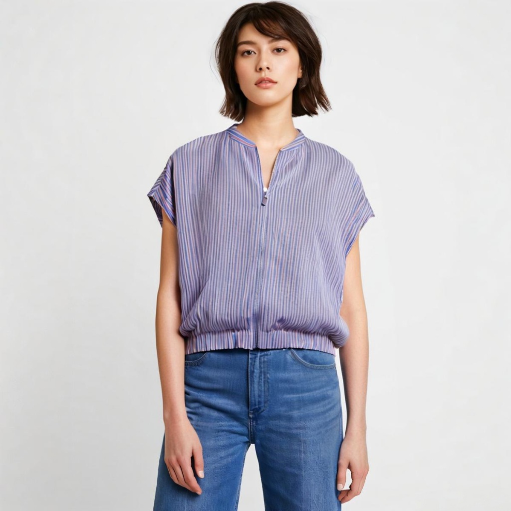 MUDEE เบลาส์ลินินลายริ้วแขนล้ำ ซิปหน้า | Shopee Thailand