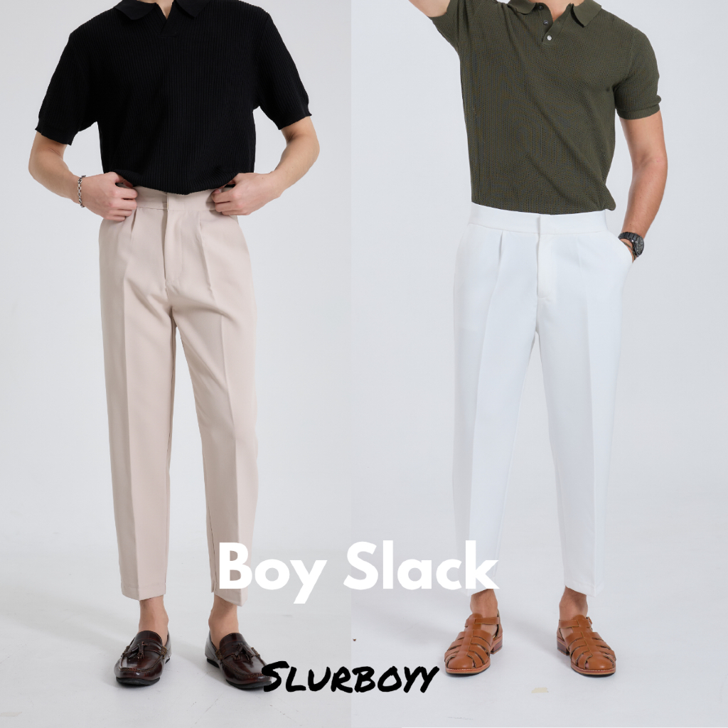 SLURBOYY Boy Slack กางเกงสแลคเอวสูง ทรงบอย ขาเต่อ (P0037) | Shopee Thailand