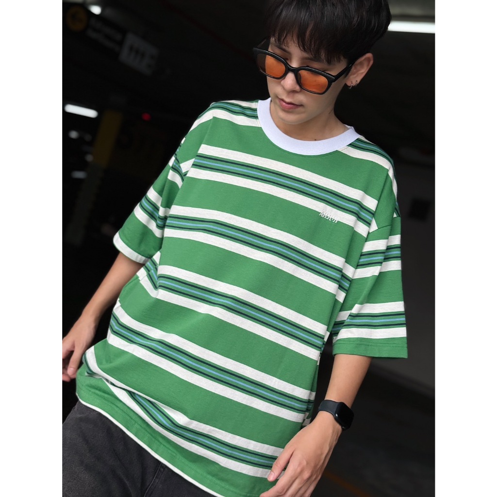 เสื้อยืด Oversize Ah.huh ผ้าลายทาง งานปัก ใส่สบายไม่ร้อน | Shopee Thailand