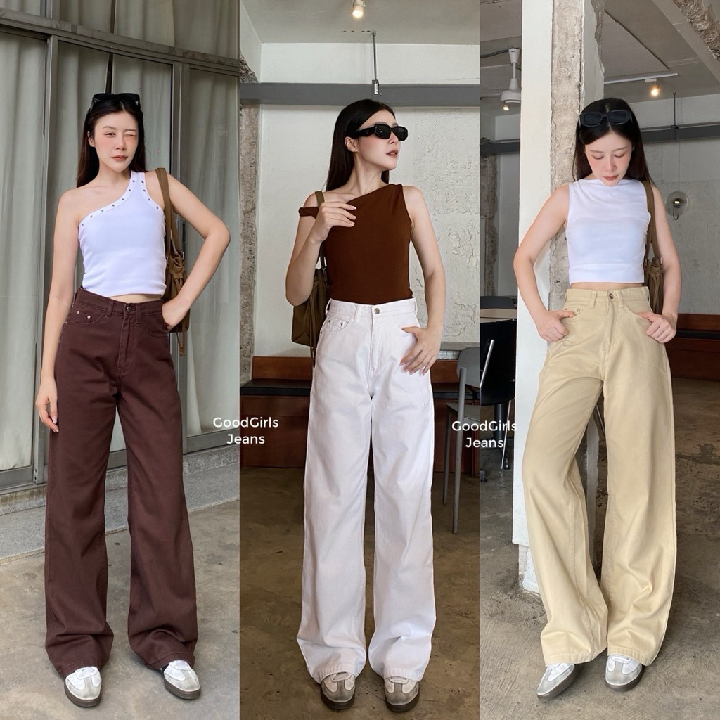 New Arrival Baggy Basic Color💌กางเกงยีนส์ขากระบอกใหญ่เอวสูง ผ้าสีเบสิคไม่แต่งฟอก | Shopee Thailand