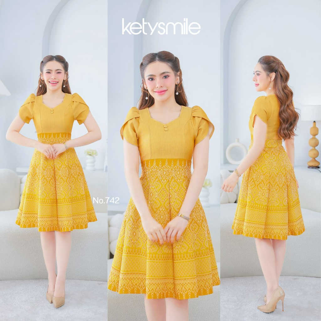 Kety Smile ชุดเดรสผ้าทอลาย แขนกลีบบัว คอหัวใจ กระโปรงบาน 8 ชิ้น อัดกาวทั้งชุด (S-5XL) N742 ...