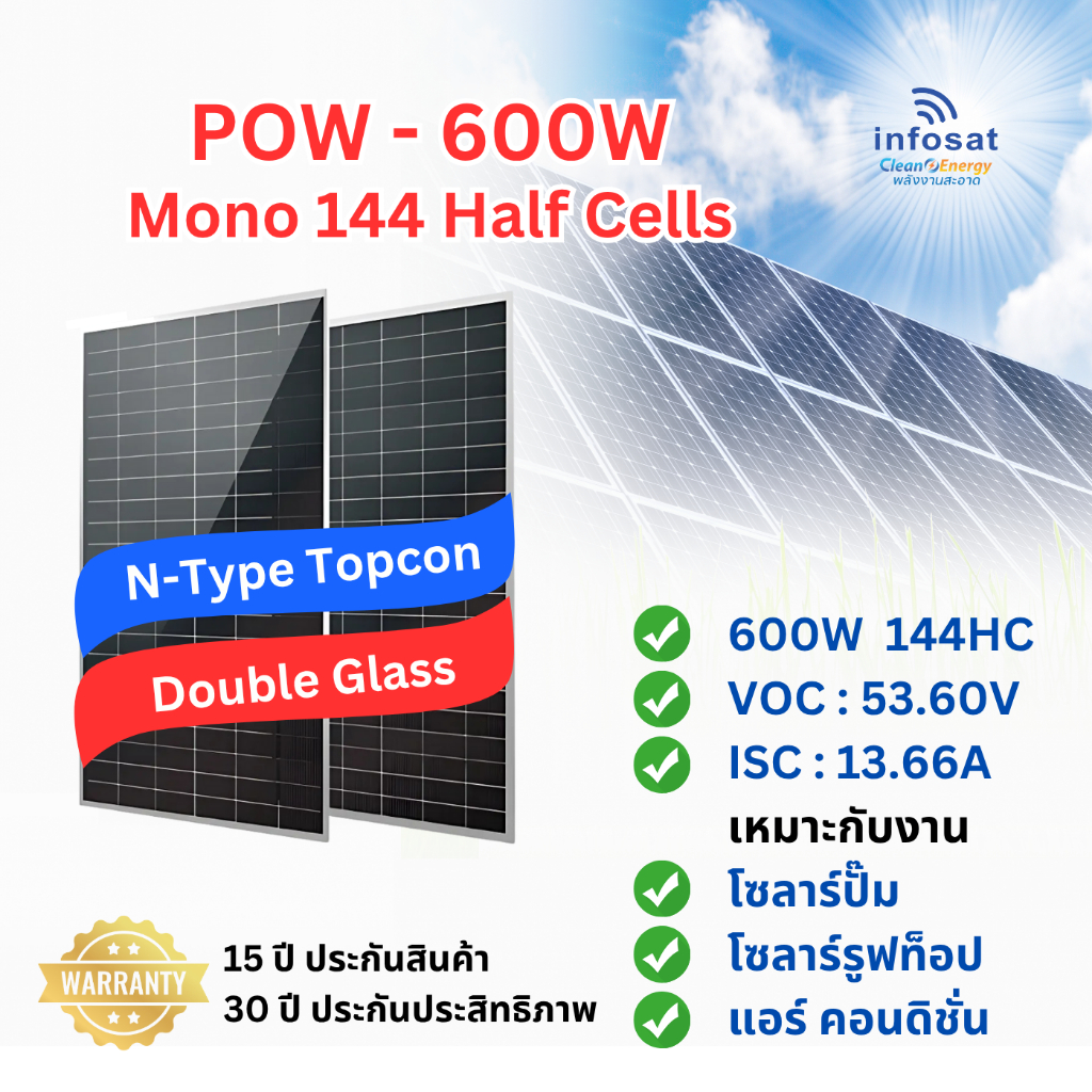 [ใช้โค๊ดลดเพิ่ม 600฿] INFOSAT แผงเก็บตะวันโซลาร์เซลล์ Mono 600W ไฟแรง ...