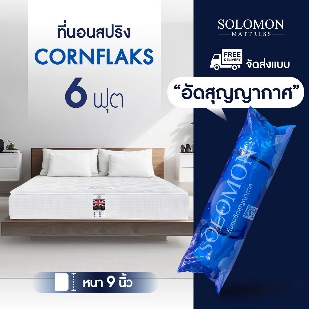 SOLOMON ที่นอนสปริง เสริมเฟลท์ หนา9นิ้ว 6ฟุต สูญญากาศ รุ่น Cornflaks แถมหมอนหนุนเกรดโรงแรม ...