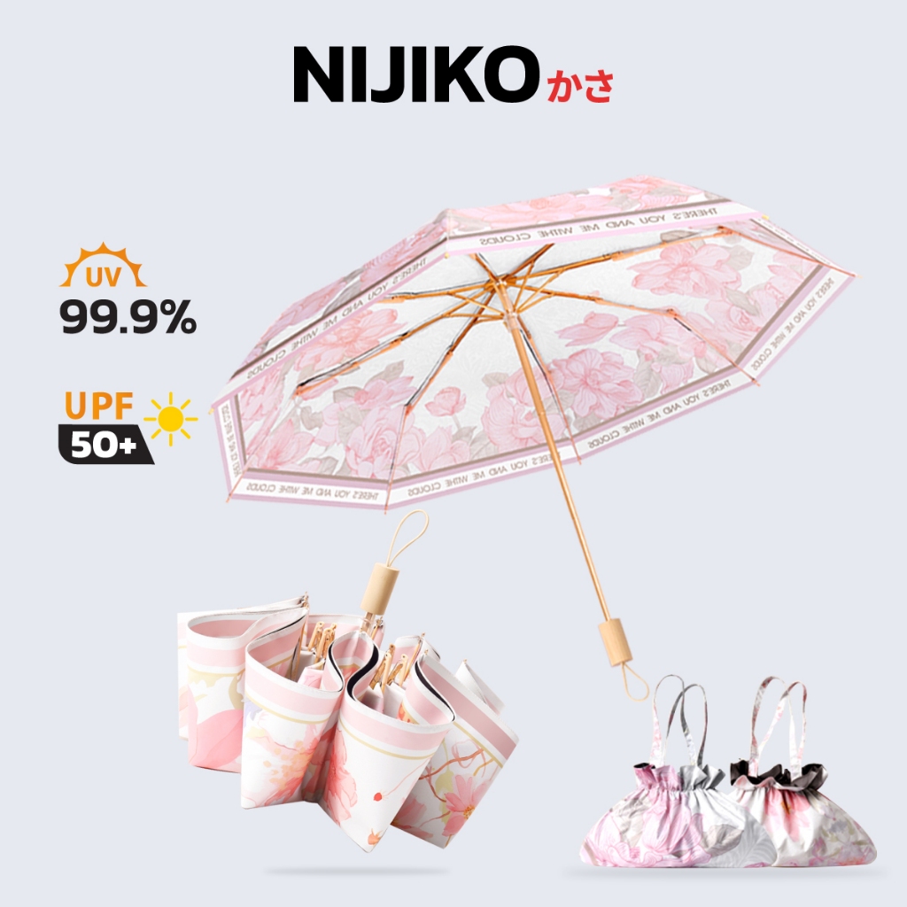NIJIKO ร่มพับ 3 ตอน โครง 8 ก้าน 2 ชั้น ลายดอกไม้ เคลือบสีดำ กันแดดและฝน ...