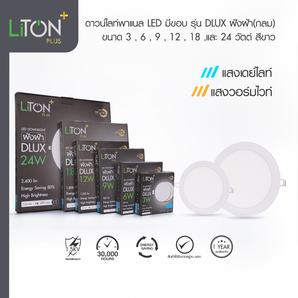 LiTON โคมดาวน์ไลท์ พาแนล LED รุ่น DLUX ฝังฝ้า หน้ากลม สีขาว 3W,6W,9W,12W,18W,24W ตัวโคมบาง ...