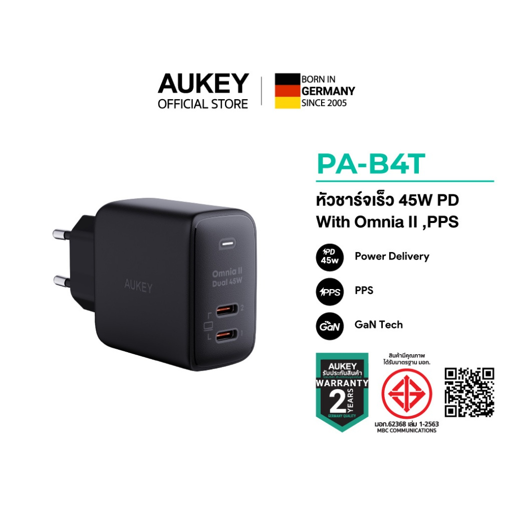 [สินค้าขายดี] AUKEY PA-B4T หัวชาร์จเร็ว 45W Omnia II Series Dual Ports With OMNIA II Power Tech ...