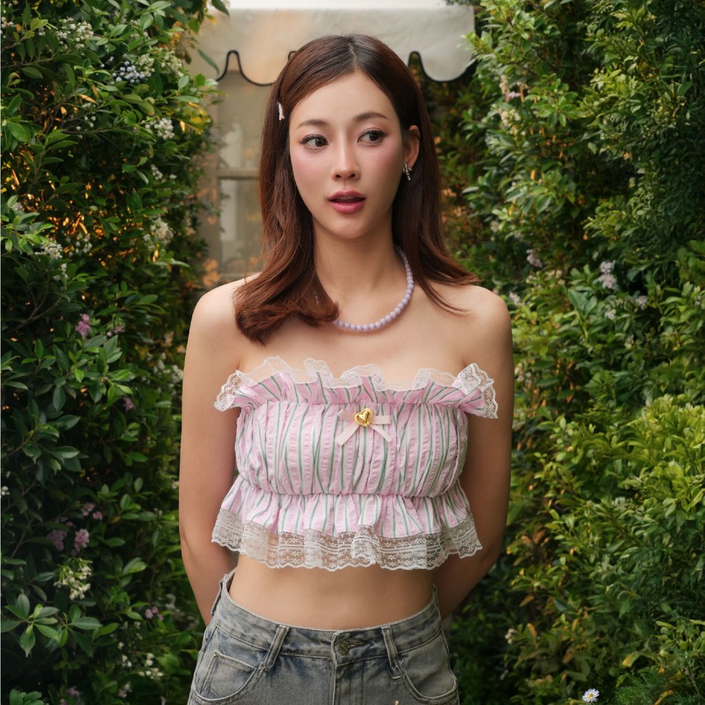LUCA STUDIO_Fianna cropped tube XS ,S(Pre-order 3 วัน) -เสื้อเกาะอกผ้าโพลีเอสเตอร์สีชมพูอ่อน รูด ...
