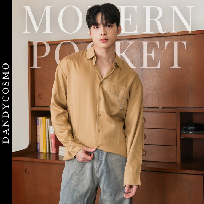 DANDY COSMO | เสื้อเชิ้ตแขนยาว ผ้า Twill เนื้อดี แต่งกระเป๋าหน้า ทรงหลวม ใส่สบาย รุ่น MODERN ...