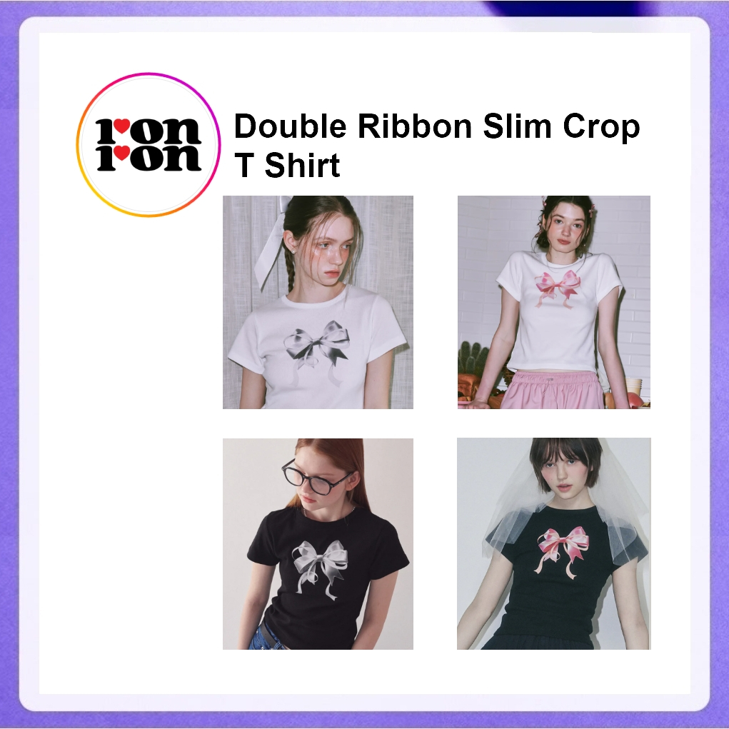 Ronron Double Ribbon Slim Crop T Shirt (White Pink, Black Pink, White ...
