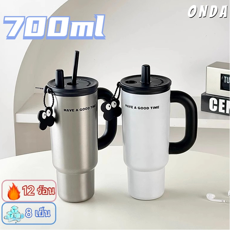【ONDA】（COD)แก้วเก็บความเย็นมีมือจับ ขนาดพอดี700ml แก้ว เก็บเย็นสแตนเลส316 ขนาดมีหลอดดูด ดีไซน์ ...