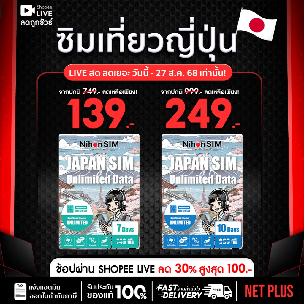 Nihon SIM ซิมญี่ปุ่น 10Days Unlimited Data เน็ตแม็กสปีด ใช้เน็ต 5G ได้ไม่จำกัด ไม่ลดสปีด Sim ...