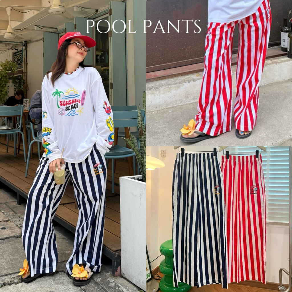 Pool Pants - กางเกงลายริ้ว ขาสั้น / ขายาว ทรงสวย เอวสูง งานปัก พร้อมส่ง ...