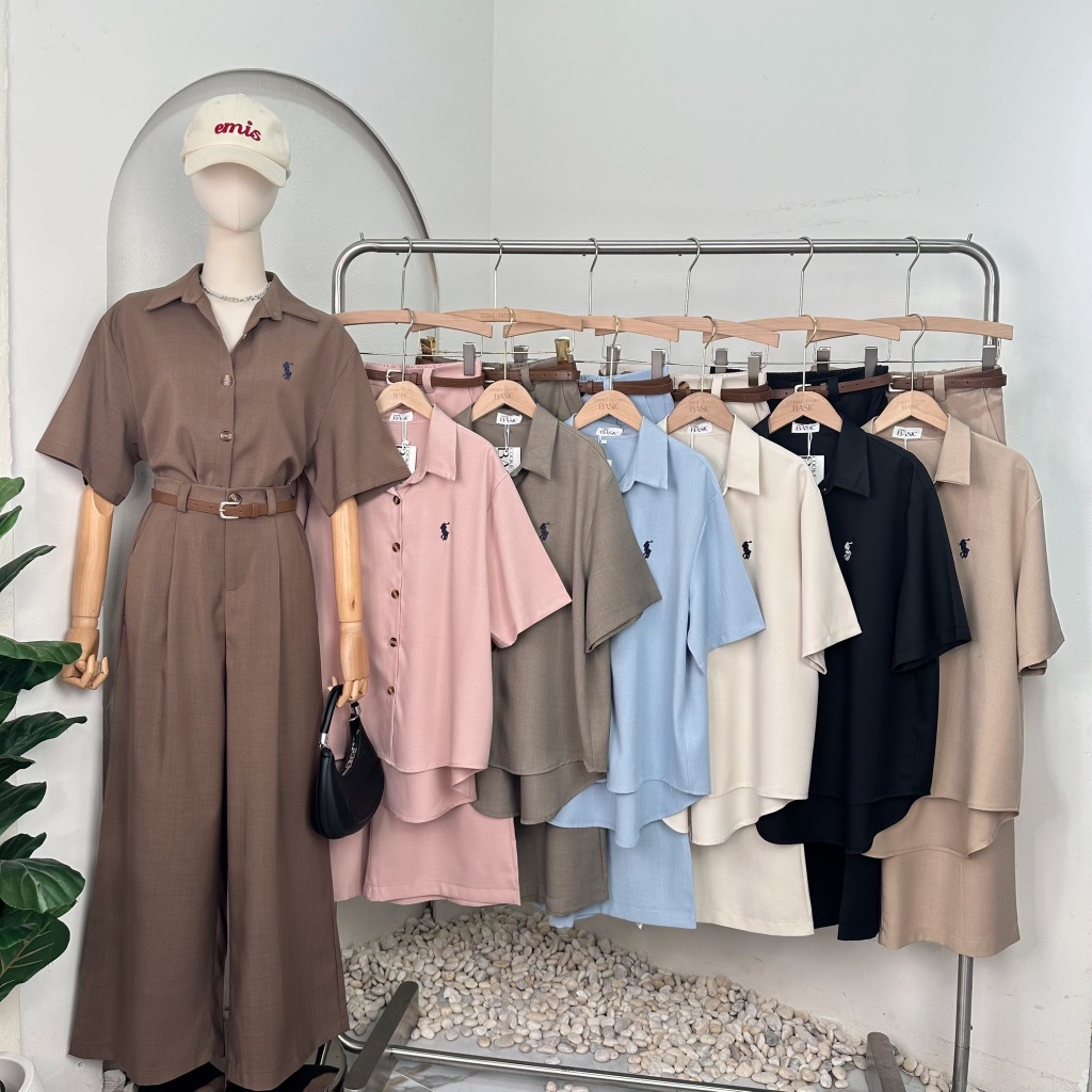 Mook_shop ชุดSetเสื้อแขนสั้นปักอกกางเกงขายาว+เข็มขัด | Shopee Thailand