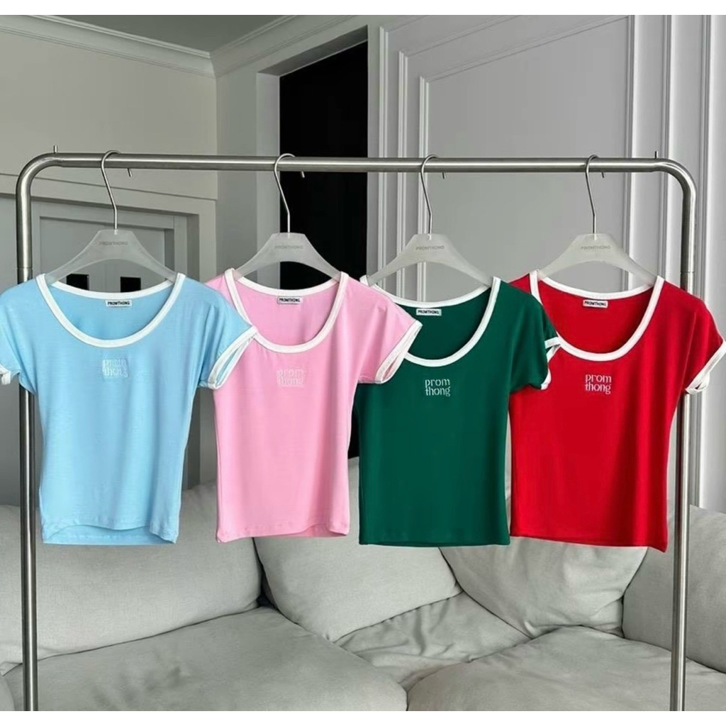 PTRY เสื้อยืดแต่งขอบผ้าเรย่อนปักPROMTHONG-ชมพู | Shopee Thailand
