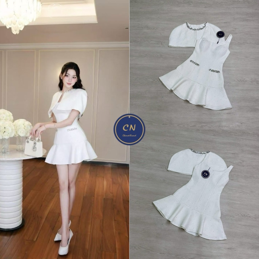 CN Set 2 ชิ้น มินิเดรสแขนกุด ช่วงอกเสริมฟองน้ำ แต่งกิตเตอร์ดอกไม้ ...