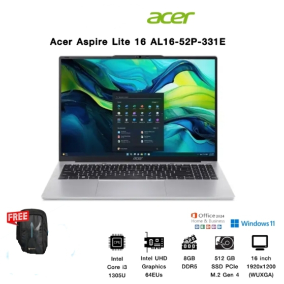 Notebook Acer Aspire Lite 16 AL16-52P-331E จอขนาด 16.0" ระดับ WUXGA IPS Intel Core i3-1305U ...
