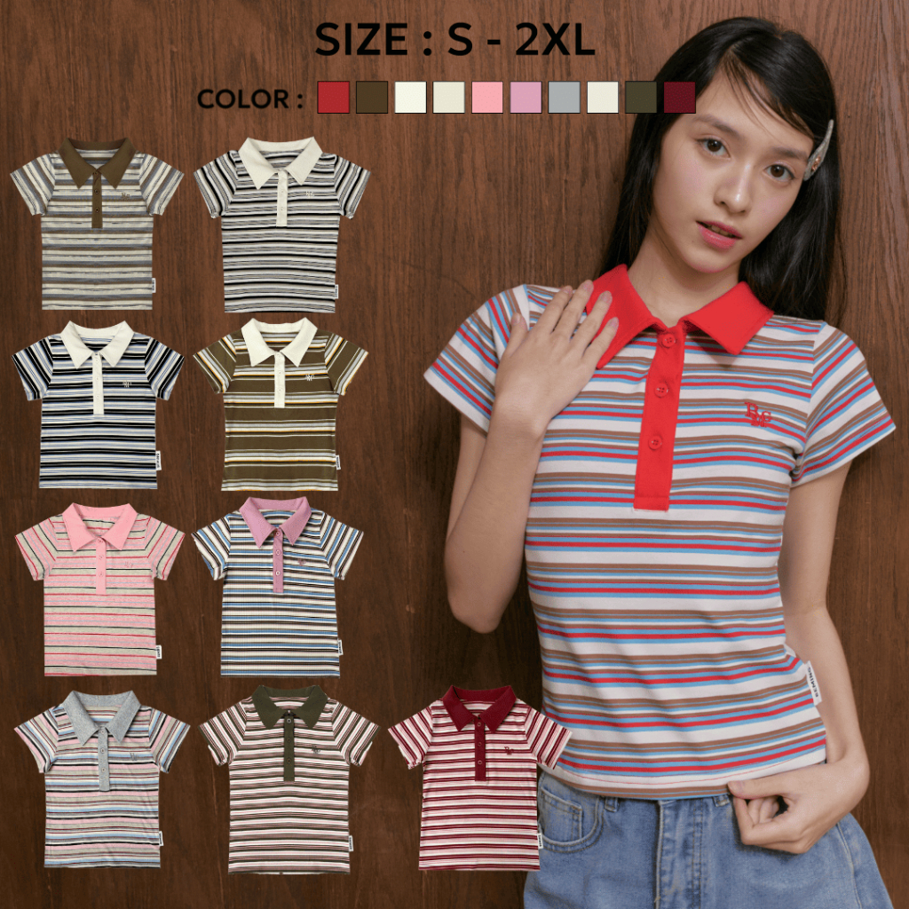 Bemingtop962(S-XL)-Mellow Collar Polo – เสื้อโปโลลายทางคอปกสีตัด เพิ่ม ...
