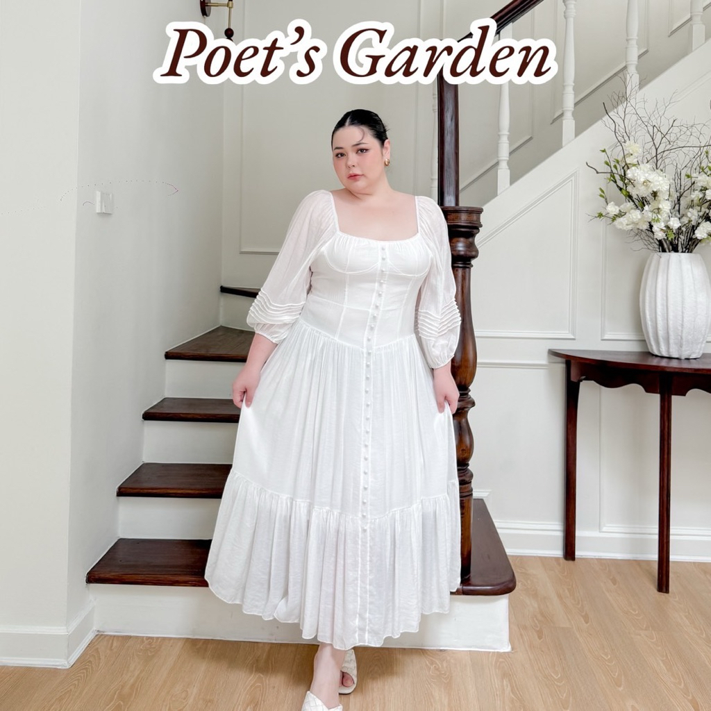 Lady M | Poet's Garden White dress plussize เดรสสาวอวบ คอเหลี่ยมกระโปรงยาว สีขาวบริสุทธิ์ให้ลุค ...