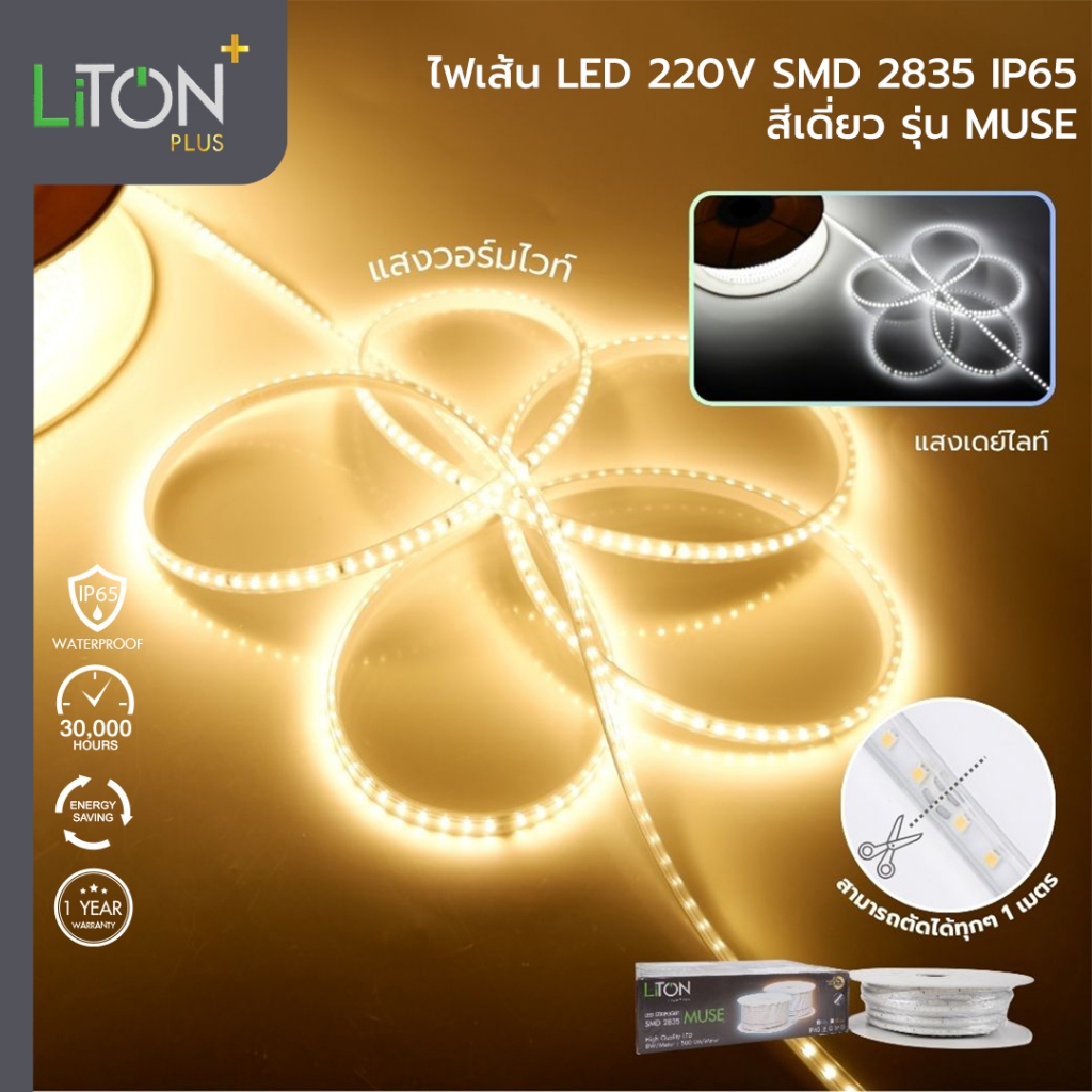 LiTON ไฟเส้น 220V SMD 2835 รุ่น MUSE IP65 กันน้ำ 50,100 เมตร/ม้วน (ขายเฉพาะไฟเส้น ไม่รวมอุปกรณ์ ...