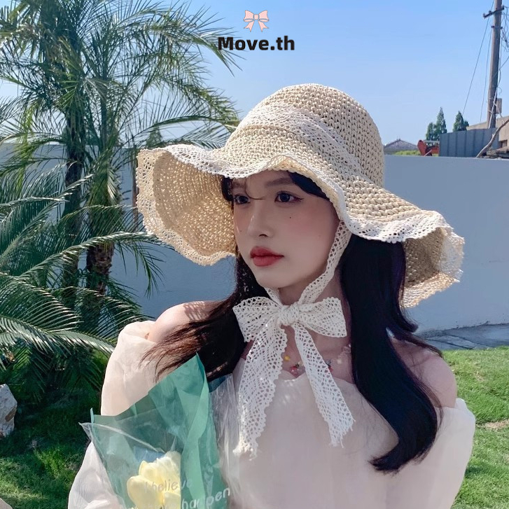 ในไทย-พร้อมส่ง ฤดูร้อนหมวกฟางชายหาดสำหรับผู้หญิง ปีกหมวกกว้าง การออกแบบ ...