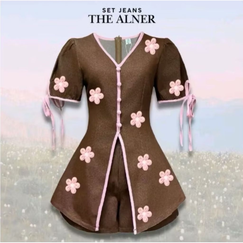 The Alner มือ1 ไซส์ XL ชุดเซตเสื้อคอวีแต่งดอกไม้สีชมพู กางเกงขาสั้นผ้า ...