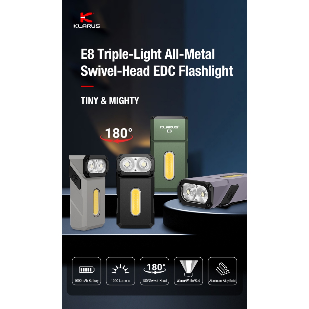 ไฟฉายขนาดเล็ก Klarus E8 Triple-Light All-Metal Swivel-Head EDC ...