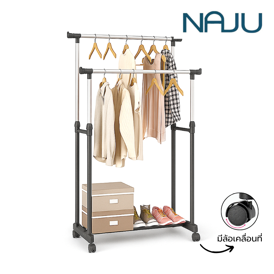 Naju ราวตากผ้าสแตนเลส 2 ชั้น พับได้ มีล้อเลื่อน ใช้ในบ้าน/นอกบ้าน ...