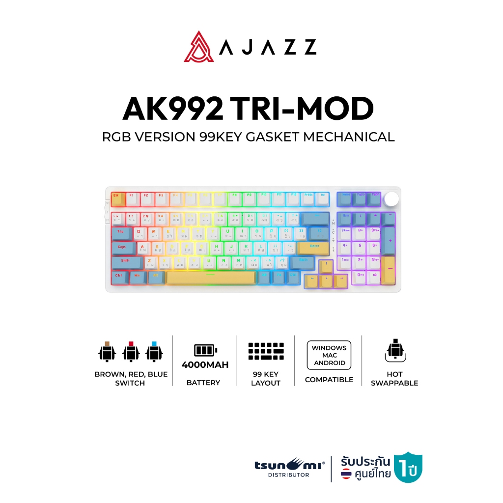 คีย์บอร์ดเกมมิ่ง Ajazz AK992 Tri-Mod RGB Version 99Key Gasket ...