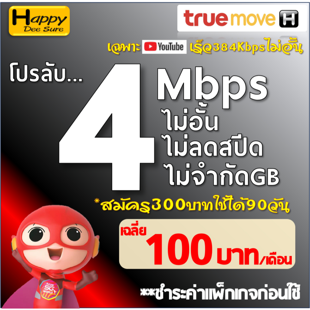 ซิมทรู True เน็ตไม่อั้น ไม่ลดสปีด 30Mbps 15Mbps 8Mbps 10Mbps 6Mbps 4Mbps จ่ายค่าโปรก่อนใช้ มีแบบ ...