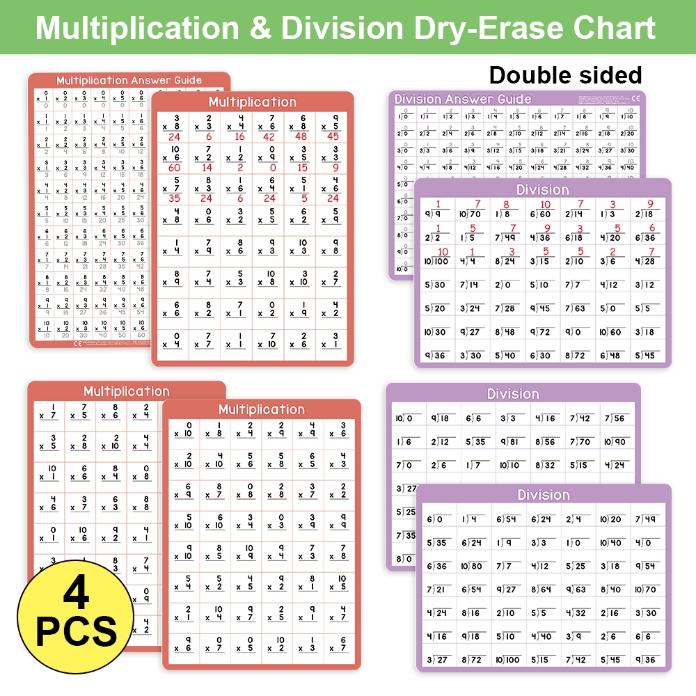 4Pcs Multiplication Division / Addition Subtraction Math Learning Chart ...