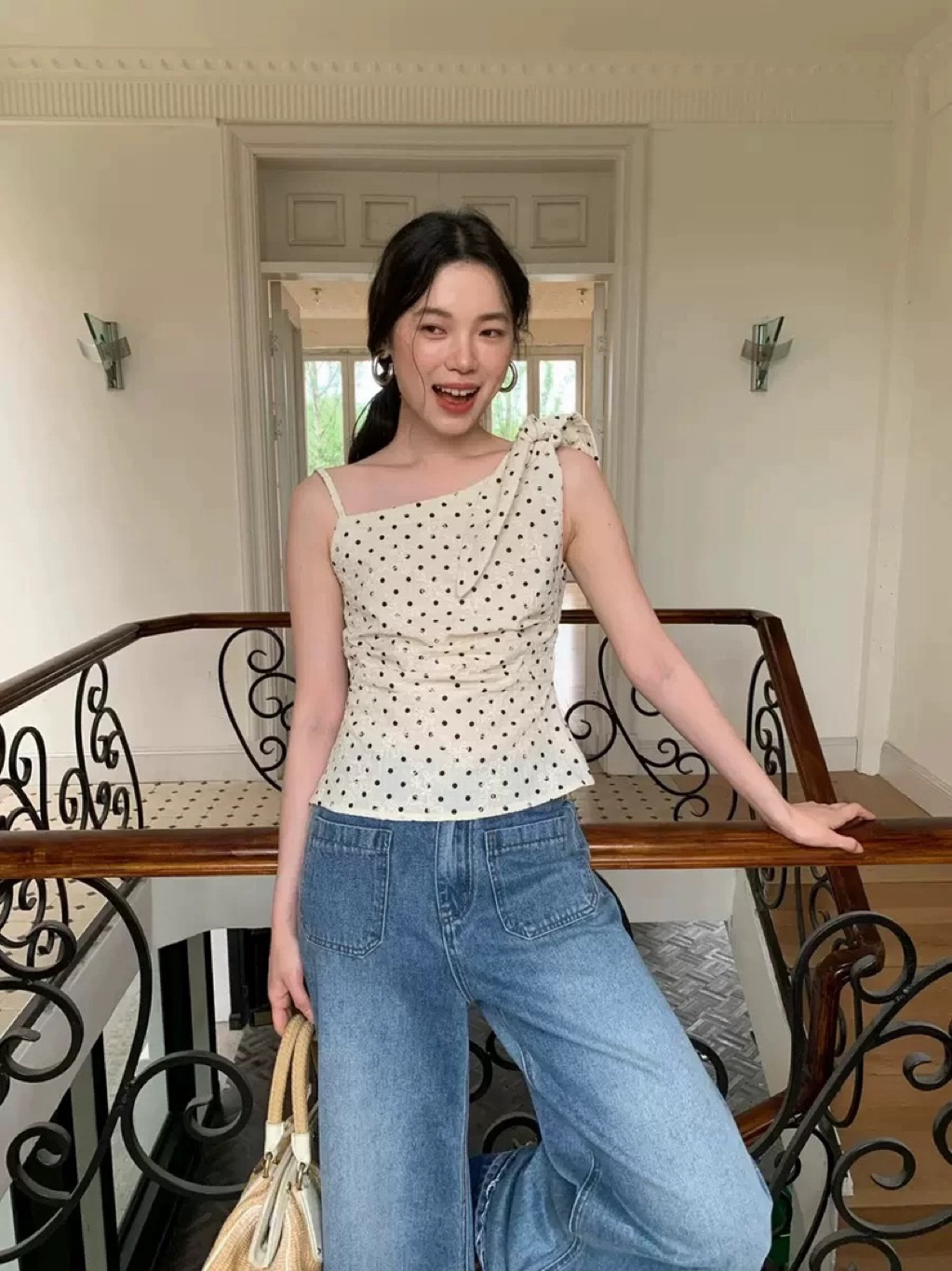 gurls.girl | creamy polkadot top เสื้อลายจุดสีครีม | Shopee Thailand