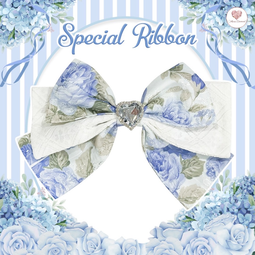 โบว์สีขาวฟ้า แต่งอะไหล่เพชรหัวใจ Special Ribbon กิ๊บสปริงสีทอง สามชั้น ...