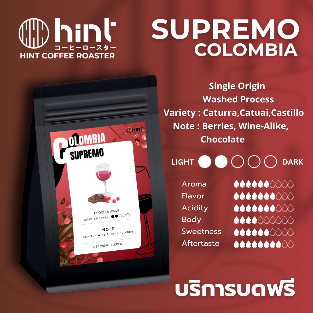 Hint Coffee Roaster เมล็ดกาแฟคั่ว Colombia Supremo คั่วอ่อน (Light To ...