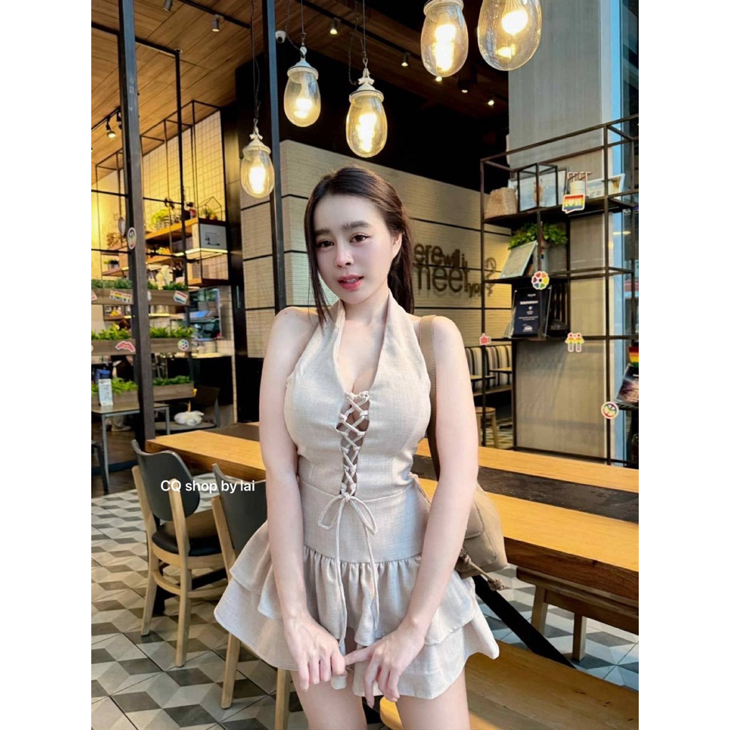 Phapassz - ชุดมินิเดรสคล้องคอ ดีไซน์ถักช่วงอกสุดเก๋แต่งกระโปรงชั้นมีซับในเป็นกางเกงสั้นแต่ไม่โป๊ ...