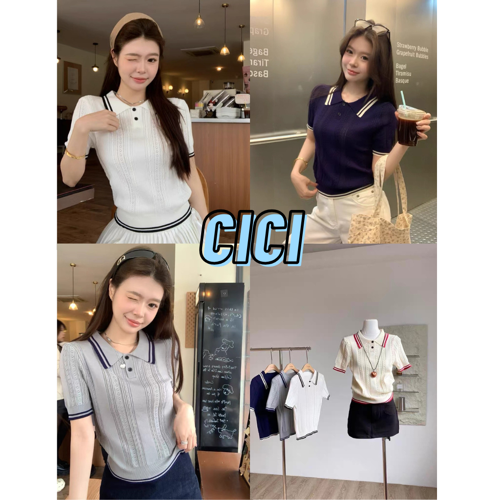 ส่งทันที Cici(NO. X1738-5) เสื้อโปโลไหมพรมคอปก แต่งขอบลาย ผ้ายืด กระดุมใช้งานได้จริง สไตล์สาว ...