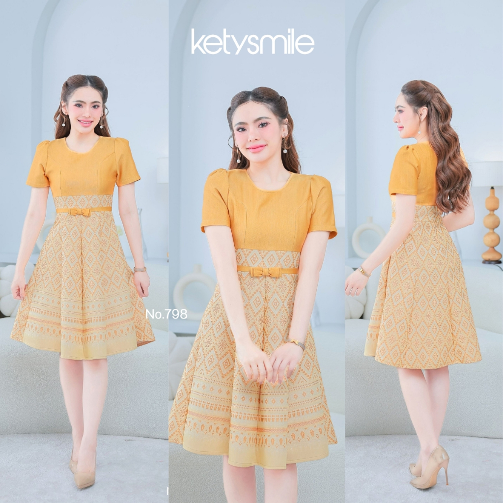 Kety Smile ชุดเดรสผ้าทอลาย คอกลม แต่งขอบเอวสูงโบว์ กระโปรงบาน 8 ชิ้น อัดกาวทั้งชุด ทุกชิ้น ซิป ...