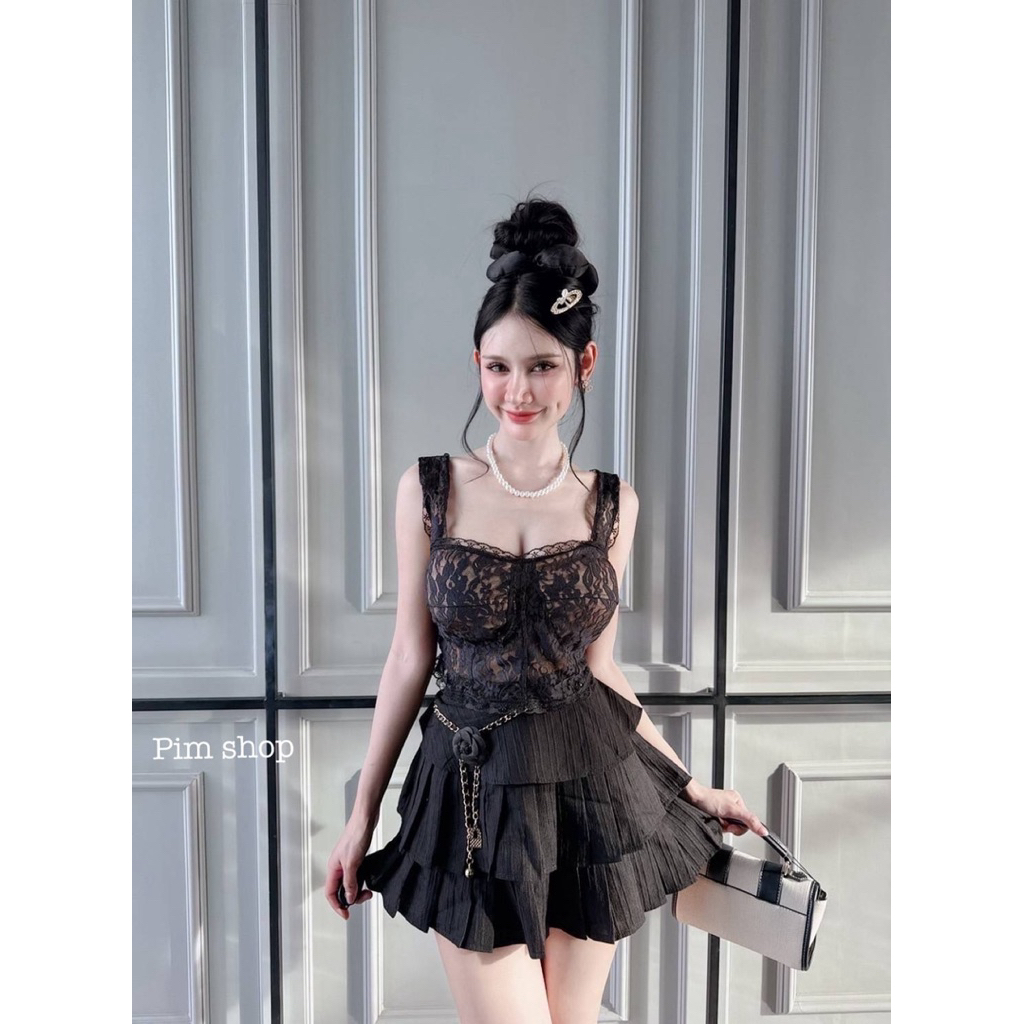 Phapassz - set3ชิ้น เสื้อกล้ามลูกไม้ อกเสริมฟองน้ำ กระโปรงระบายชั้นๆ เนื้อผ้าใส่สบายมีเข็มขัดดอก ...