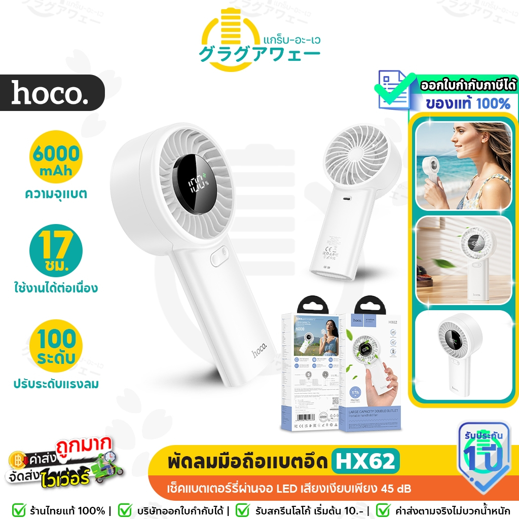 Hoco HX62 พัดลมพกพา พร้อมหน้าจอดิจิทัล ปรับแรงลม 100 ระดับ แบต 6000mAh ...