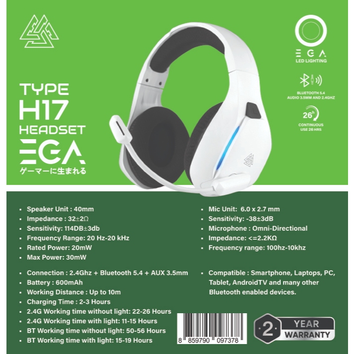 หูฟังเกมมิ่งบลูทูธ EGA รุ่น TYPE H17 Wireless 2.4 /Bluetooth5.4 / Aux 3 ...
