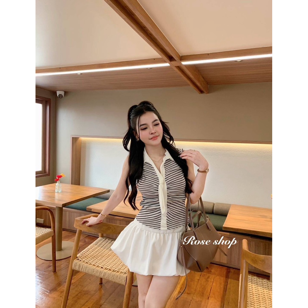 Phapassz - Setเสื้อคอปกตัวยาวแต่งย่นอกเน็คไท มาพร้อมกระโปรงทีซับในขาสั้นทรงบอลลูน เนื้อผ้าร่อง ...