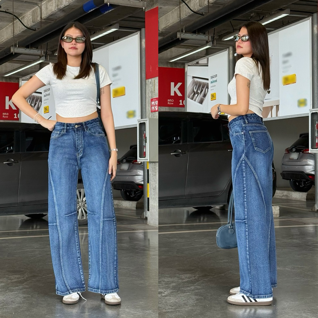 ยีนส์ sheer J009 Baggy Jeans กางเกงยีนส์กระบอกใหญ่ เอวสูงปรี๊ด ผ้าไม่ยืด | Shopee Thailand